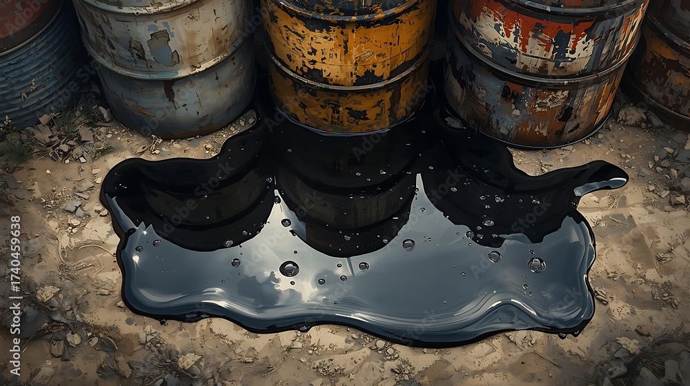 Oil barrel stack with fresh spill leaking into sandy ground, reflective ...