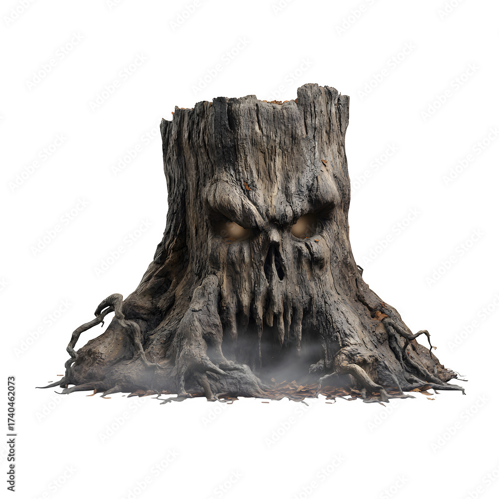 Terrifying gnarled tree stump with glowing eyes and menacing skull face ...