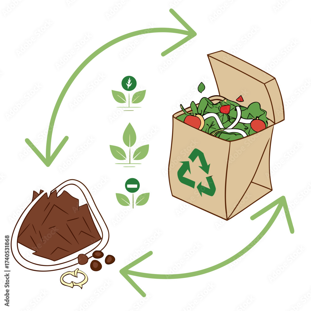 Illustration of the composting process showing food waste turning into ...