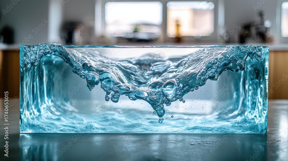 Clear water sloshes in a rectangular container with bubbles on a ...