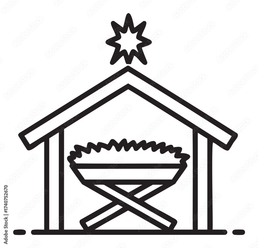 Simple black outline icon of a stable with a manger and a star above ...
