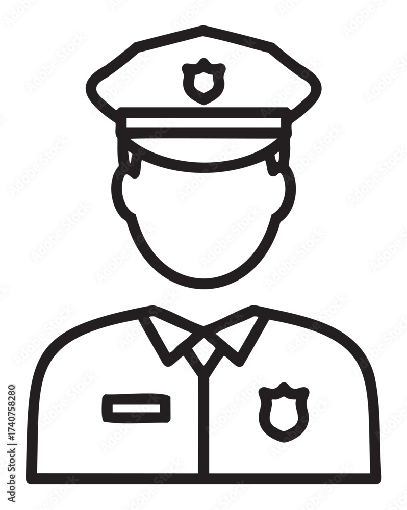 Black outline icon of a police officer in uniform with a peaked cap and ...