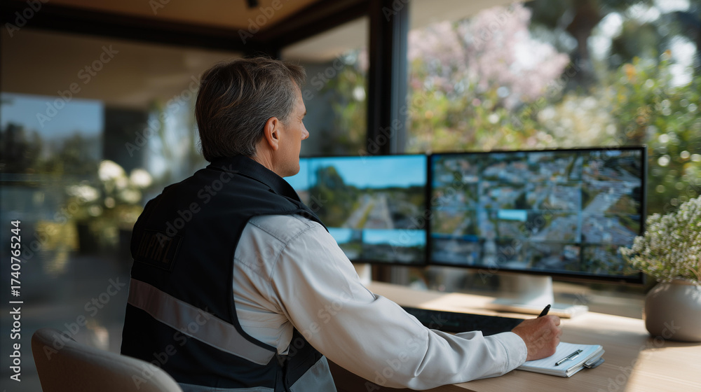 Neighborhood Perimeter Scan: A security guard in a vest monitoring a ...