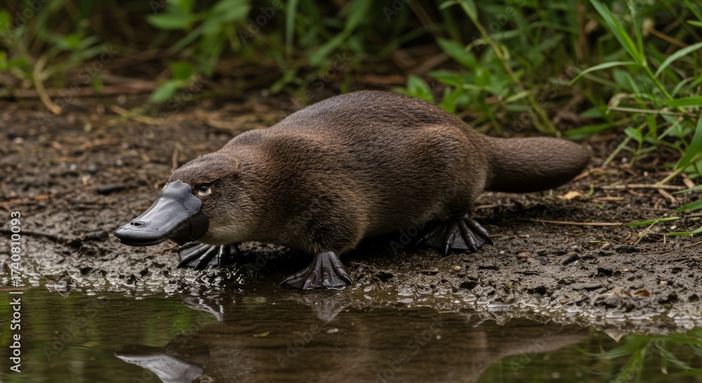 Duck-billed platypus swimming in water, rare egg-laying mammal of ...