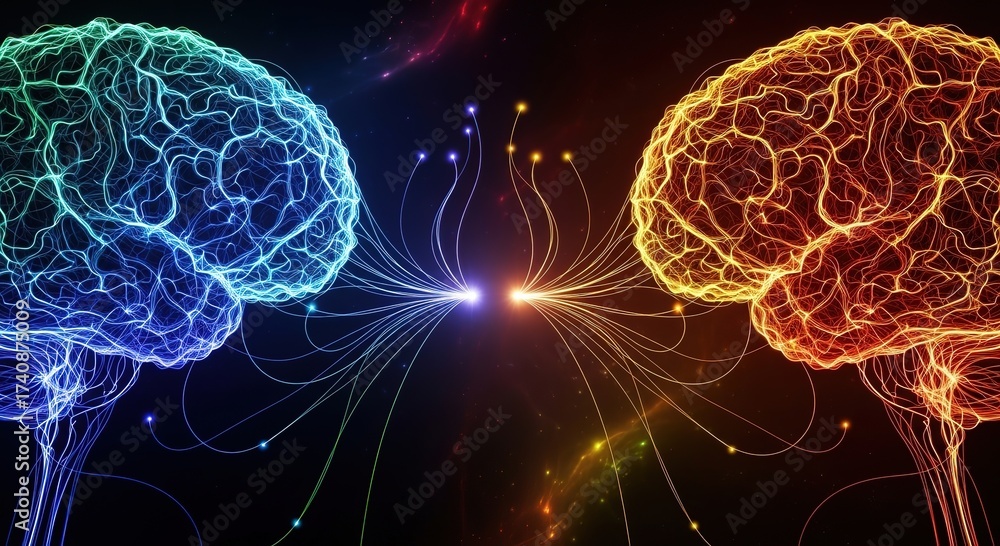 Two glowing neural networks, representing connected minds, pulse with ...