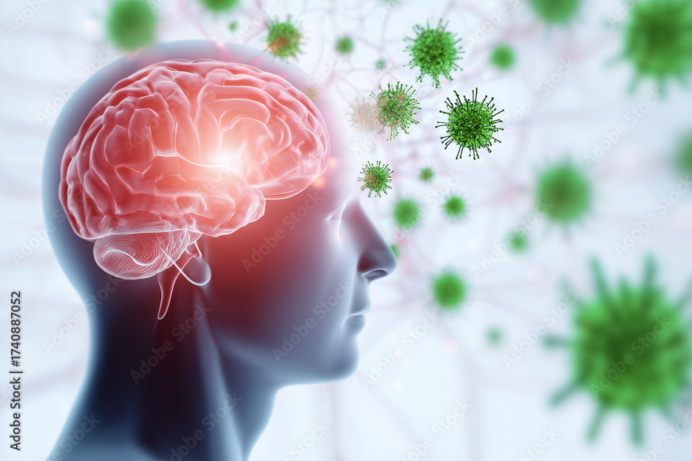 Human head in profile with inflamed brain and floating viral particles ...