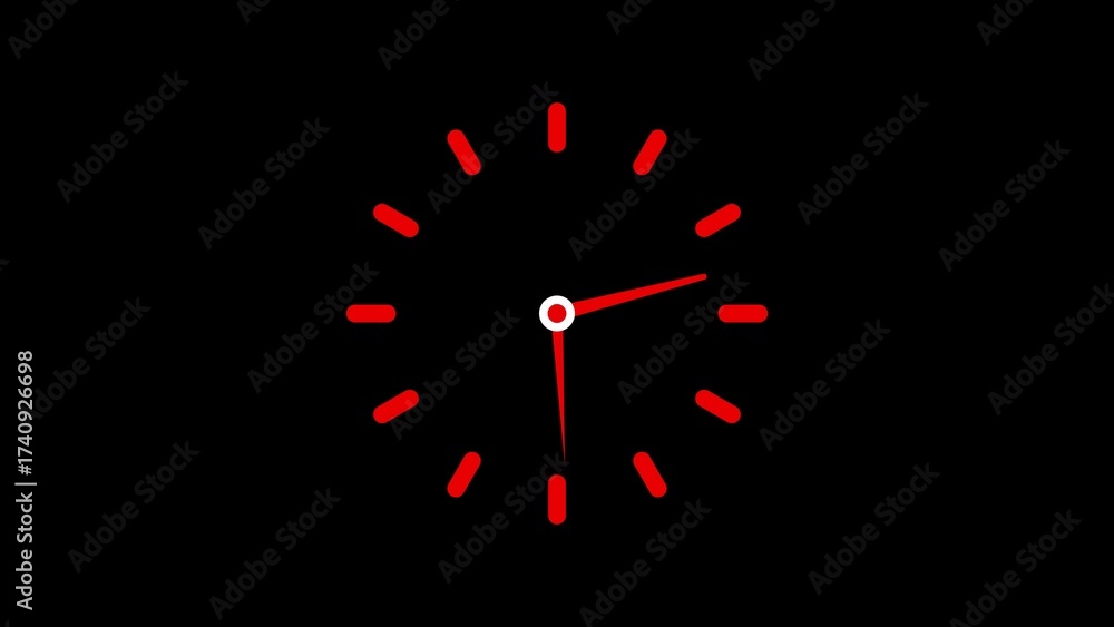 Simple analog clock with red hour markers and red hands on a black ...
