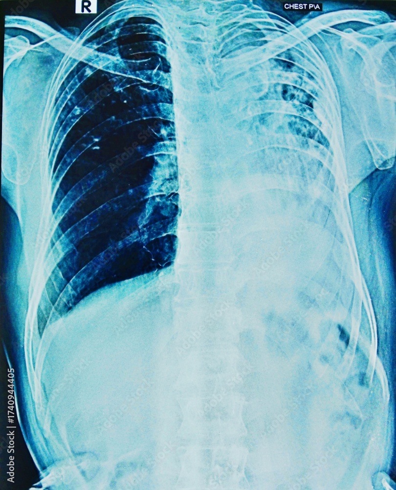 Chest x- ray showing left lung collapse and presence of right sided ...