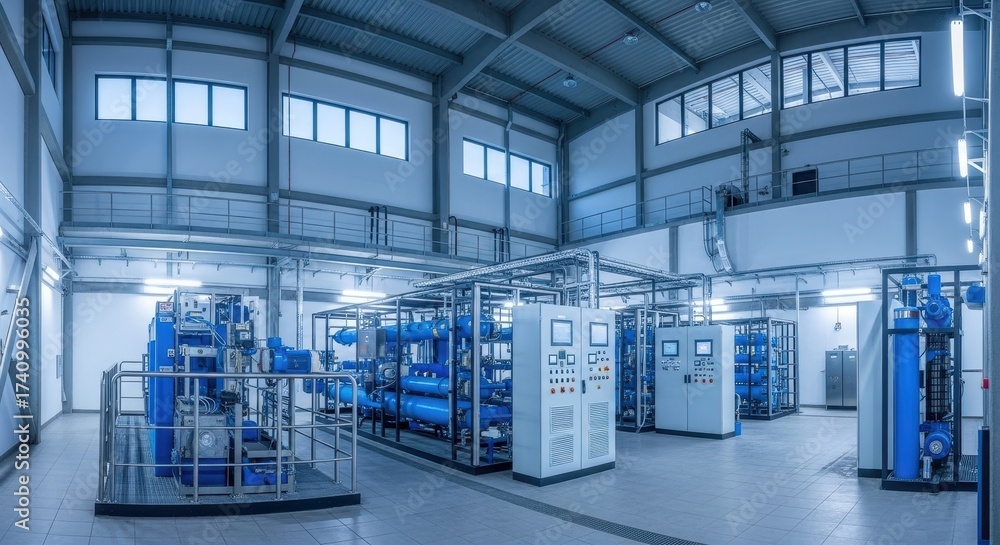 modern water treatment facility interior with advanced filtration ...
