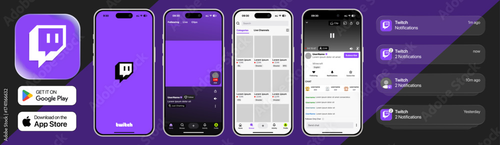 Twitch app UI template 2025 update with logo and iOS 26 liquid glass ...