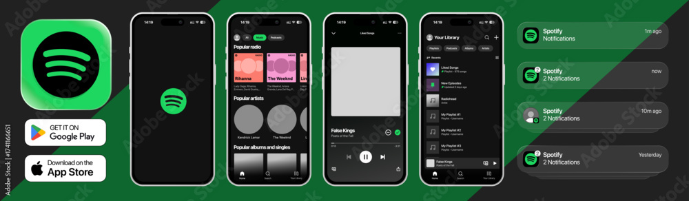 Spotify app UI template 2025 update with logo and iOS 26 liquid glass ...