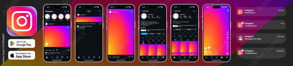 Instagram app UI template 2025 update on iPhone 17, dark mode design ...