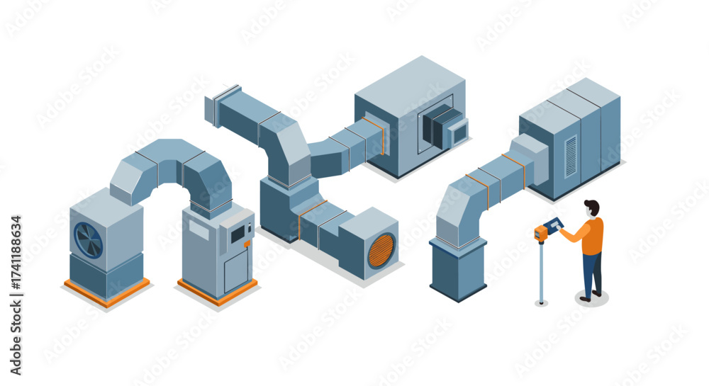 Stock-Vektorgrafik „Isometric hvac system with engineer adjusting ...