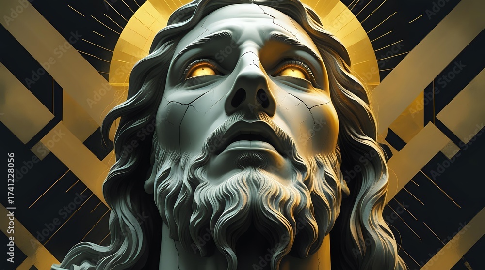Art Deco Portrait of a Divine Jesus Christ with Golden Halo and Glowing ...