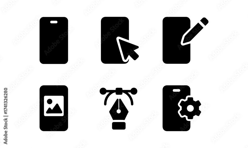 Mobile app development icons: minimalist black silhouettes for ui ...