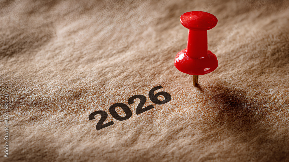 Red pin marks year 2026 on brown paper. Stock Photo | Adobe Stock