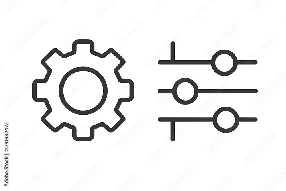 Settings icon set with gear and sliders. Configuration, adjustment and filter control panel ...