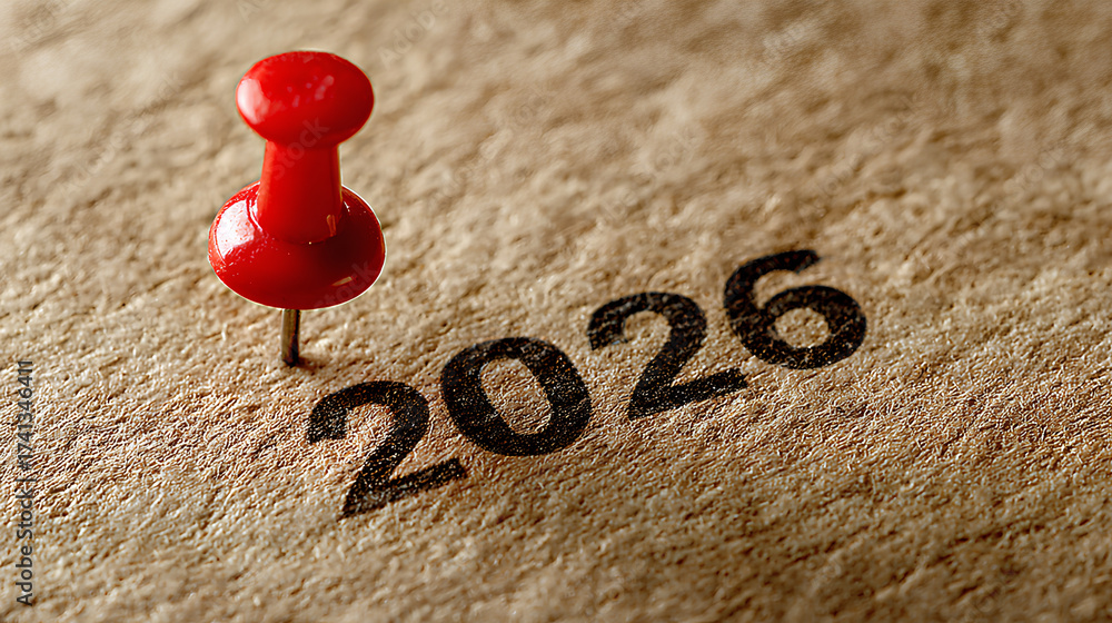 Red pin marks year 2026 on brown paper. Stock Photo | Adobe Stock