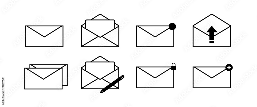 Outline Mail Icon Collection with Envelopes, Messages, Notifications ...