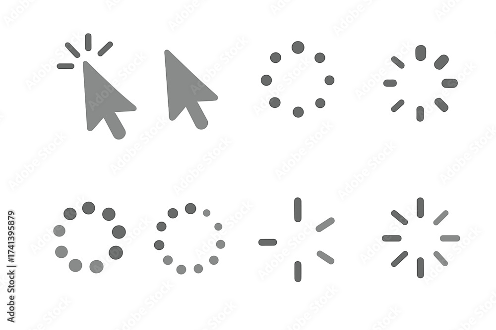 Computer mouse click cursor gray arrow icons set. Loading spinner and ...