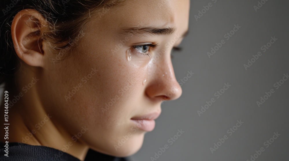 Sad teenage girl with tearful eyes showing emotional pain and anxiety ...