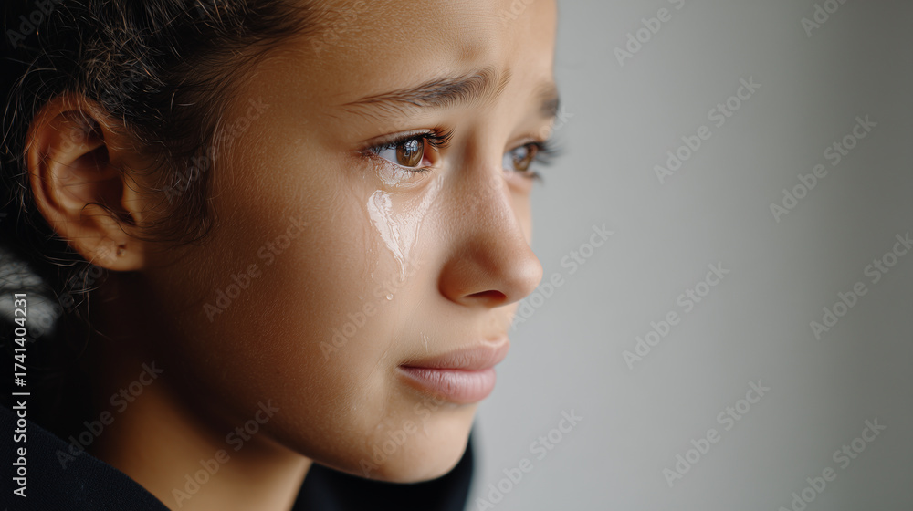 Sad teenage girl with tearful eyes showing emotional pain and anxiety ...