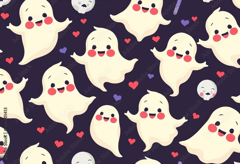 Whimsical repeating pattern of friendly cartoon ghosts with rosy cheeks and playful expressions ...