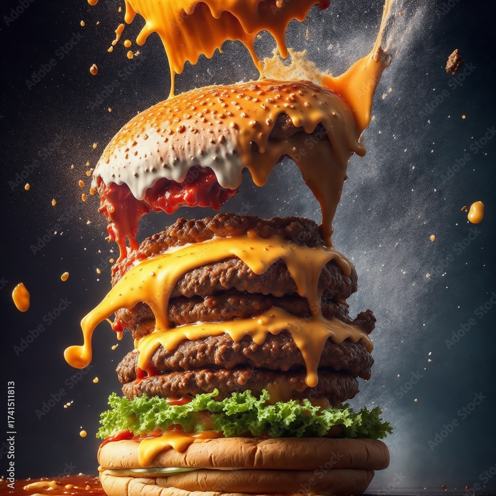 Melting Cheeseburger Explosion with Layers of Beef Patties and Dripping ...