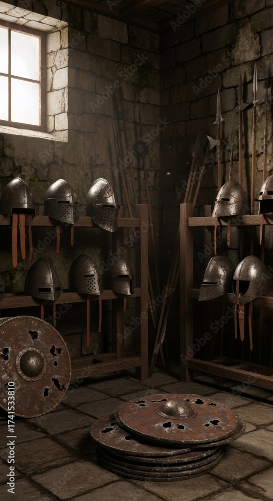 Medieval armory interior with war helmets and shields on wooden shelves ...