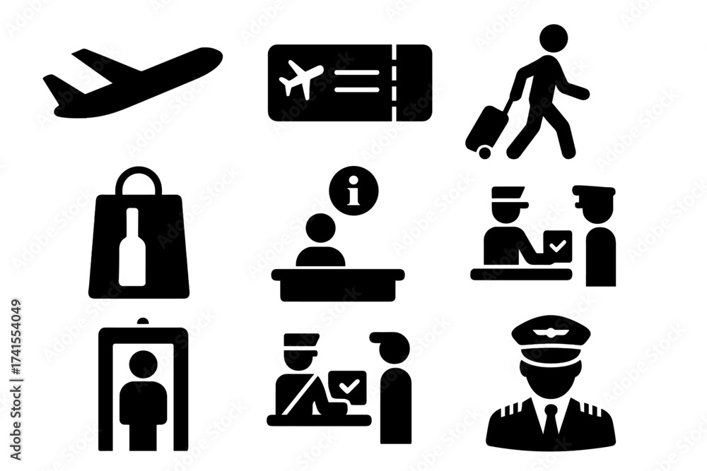 Travel and airport glyph icon collection. Vector symbols for flight ...