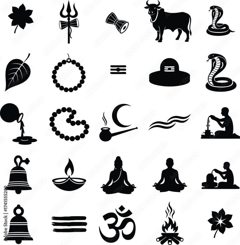 Maha Shivaratri puja icon set with Hindu god Shiva, Nandi, Lingam ...
