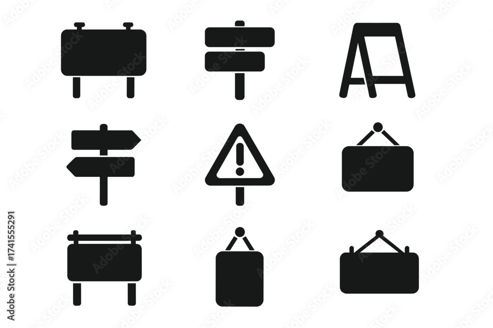 Signage solid glyph icon set. Vector symbols of billboard, road sign ...