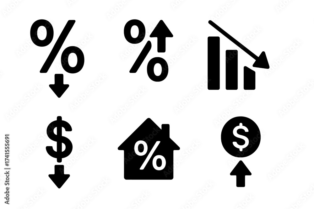 Interest rate icon set. Percentage symbol with up and down arrow ...