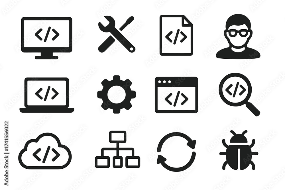 Programming coding icon set, software development symbols collection ...