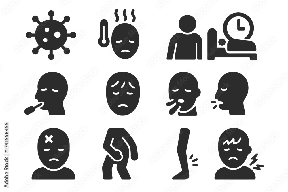 Sickness and Illness Icon Set. Disease, Fever, Patient, Infection ...