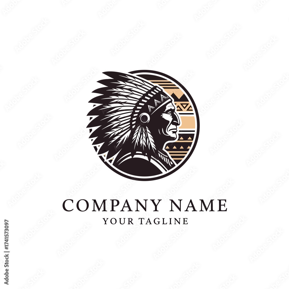Logo featuring a detailed profile of a Native American chief wearing a ...