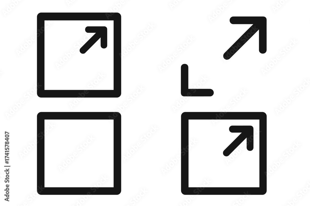 Expand and resize icon set. Vector symbols for full screen, maximize, and minimize. Simple line ...