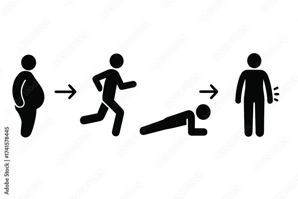 Weight loss transformation process icon. Man from fat to fit by doing ...