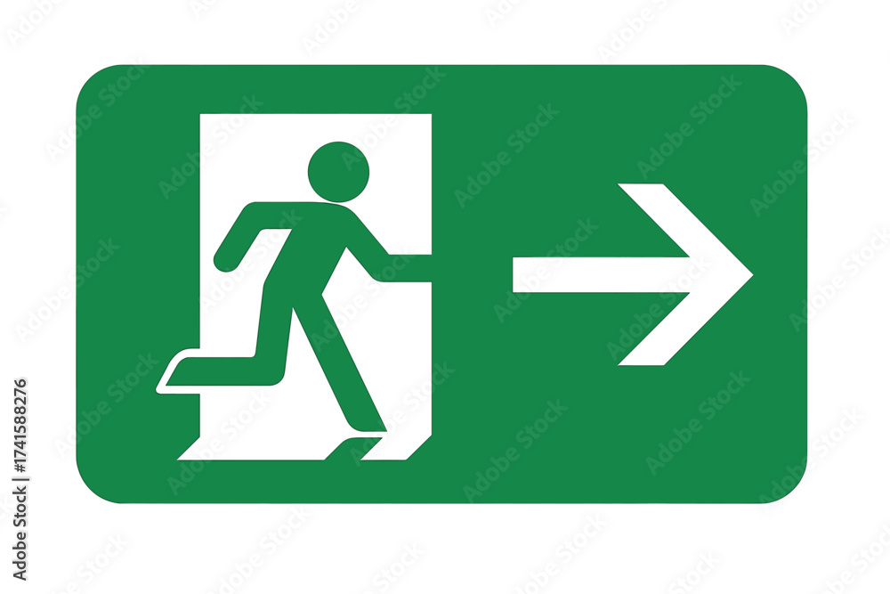 Emergency exit sign right arrow. Green safety guidance symbol with ...