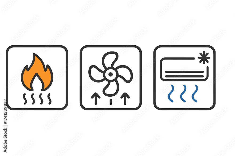 Stock-Vektorgrafik „HVAC icon set with heating, ventilation, and air ...