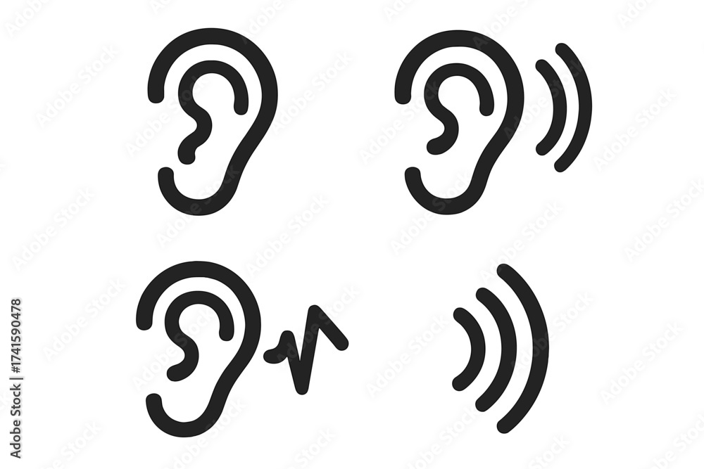 Set of ear icons. Linear vector symbols for sound, hearing, and ...