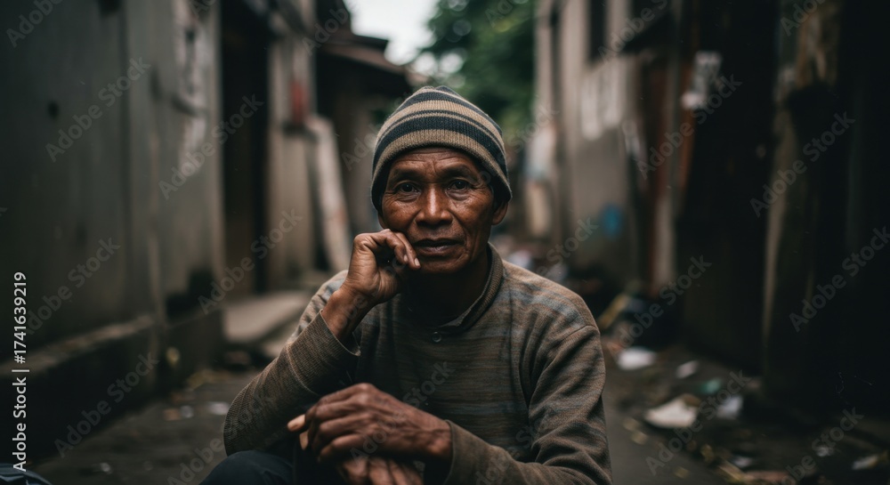 Stock-Foto „Elderly man living in poverty with a thoughtful expression ...