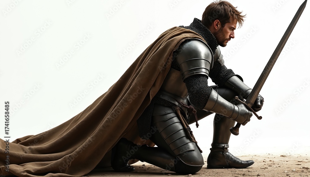 Stock-Foto „Medieval knight kneels ready for combat. Warrior in full ...