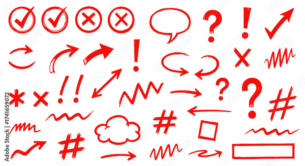 Collection of Red Hand Drawn Symbols and Symbols Indicating Checkmarks ...