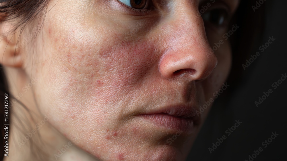 acne on woman face with rash skin, scar, and red skin syndrome allergic ...