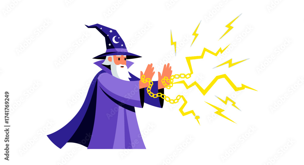 เวกเตอร์ Stock Enchanting wizard conjuring electric energy with magical ...