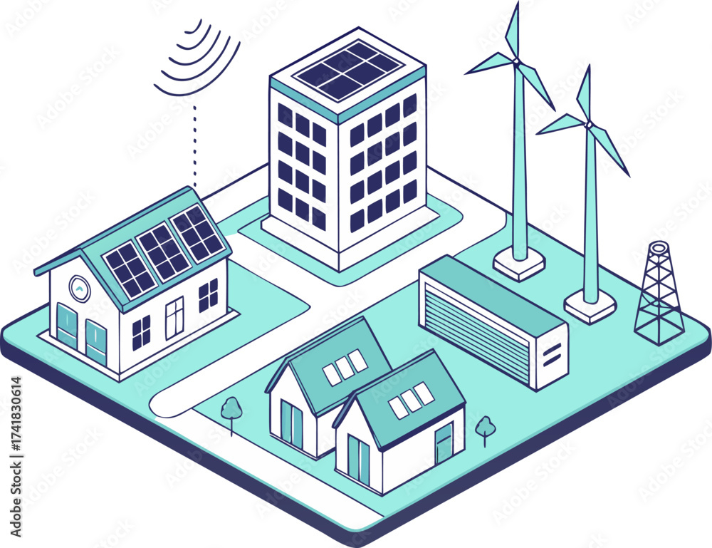 Stock-Vektorgrafik „Clean energy microgrid isometric vector showing ...