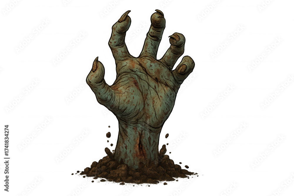 Zombie hand reaching out from grave, undead monster rising from soil ...