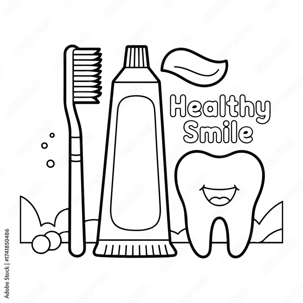 Healthy Smile Coloring Page – Toothbrush, Toothpaste & Cute Tooth for ...