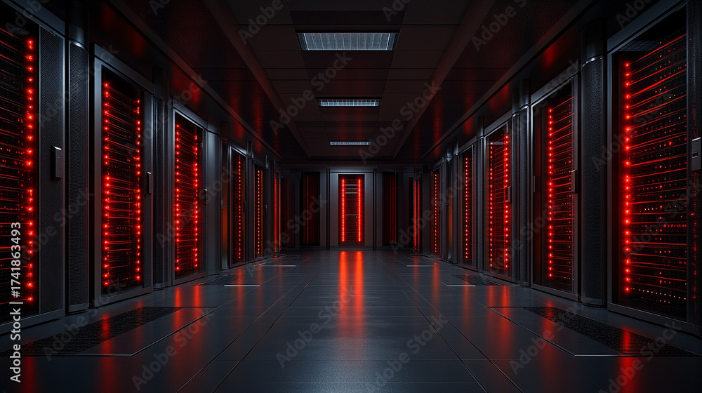 Server racks in a server room formed by glowing binary code symbolizing ...